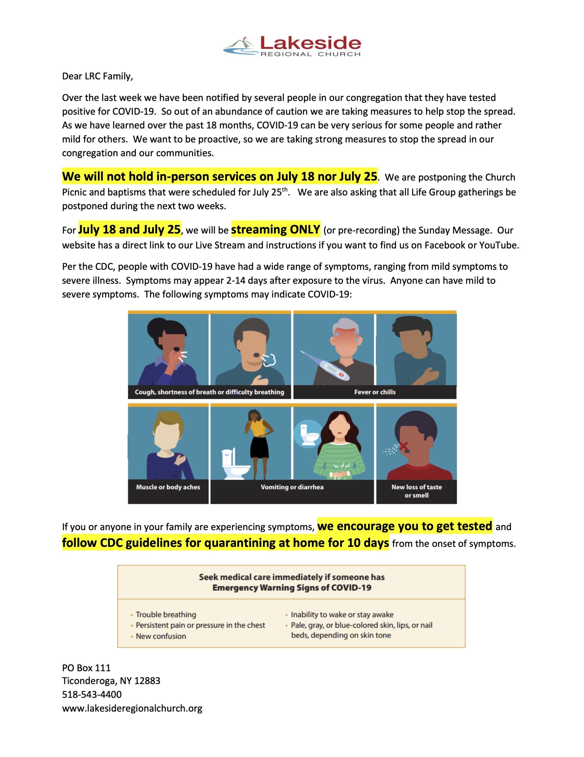 Emergency In Person Service Cancelation - Lakeside Regional Church